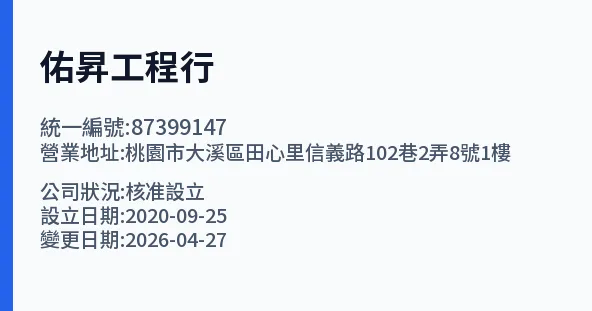 佑昇工程行的照片-統編 87399147(桃園市) 公司登記資料與營業項目詳細圖表