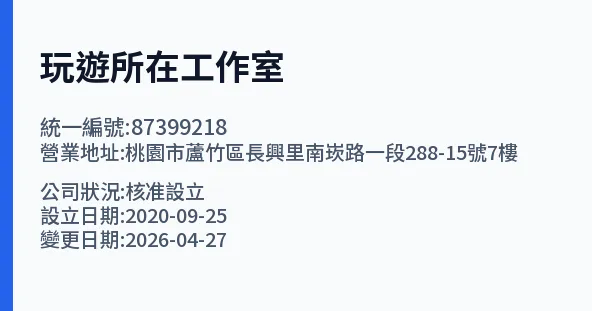 玩遊所在工作室的照片-統編 87399218(桃園市) 公司登記資料與營業項目詳細圖表