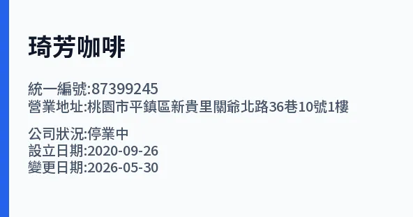 琦芳咖啡的照片-統編 87399245(桃園市) 公司登記資料與營業項目詳細圖表