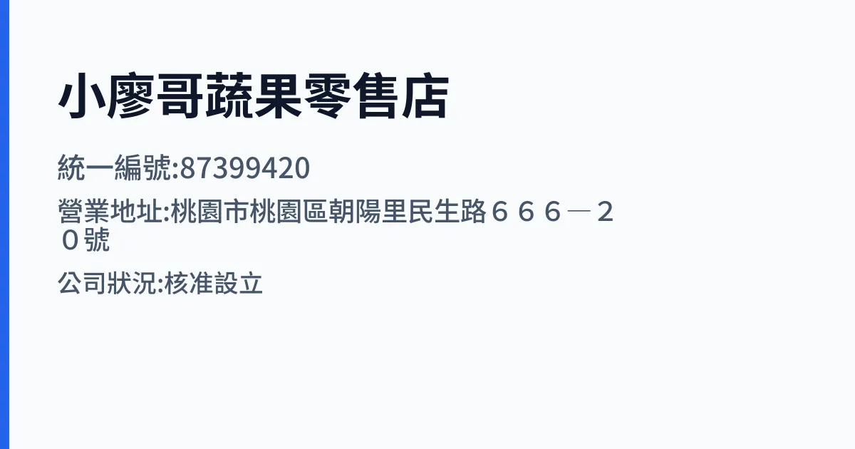 小廖哥蔬果零售店 - 統編 87399420(桃園市) 公司登記資料與營業項目詳細圖表