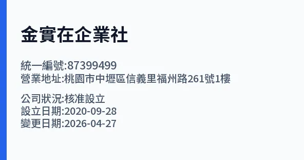 金實在企業社的照片-統編 87399499(桃園市) 公司登記資料與營業項目詳細圖表