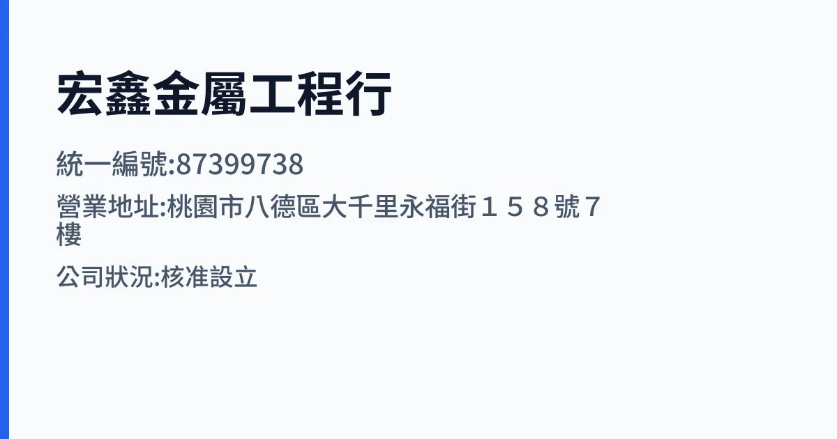 宏鑫金屬工程行 - 統編 87399738(桃園市) 公司登記資料與營業項目詳細圖表