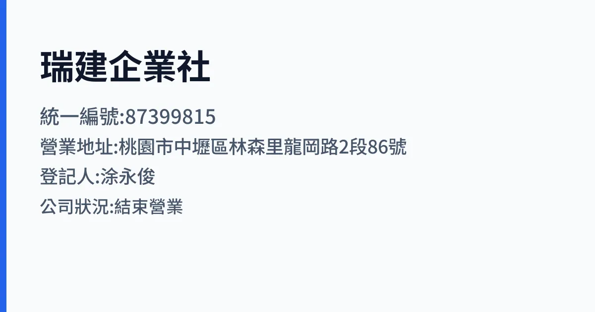 瑞建企業社 - 統編 87399815(桃園市) 公司登記資料與營業項目詳細圖表