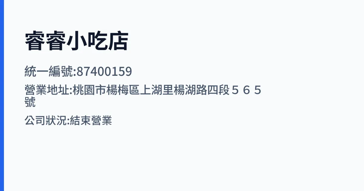 睿睿小吃店 - 統編 87400159(桃園市) 公司登記資料與營業項目詳細圖表