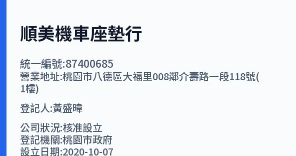順美機車座墊行的照片-統編 87400685(桃園市) 公司登記資料與營業項目詳細圖表