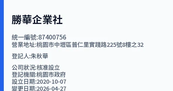 勝華企業社的照片-統編 87400756(桃園市) 公司登記資料與營業項目詳細圖表