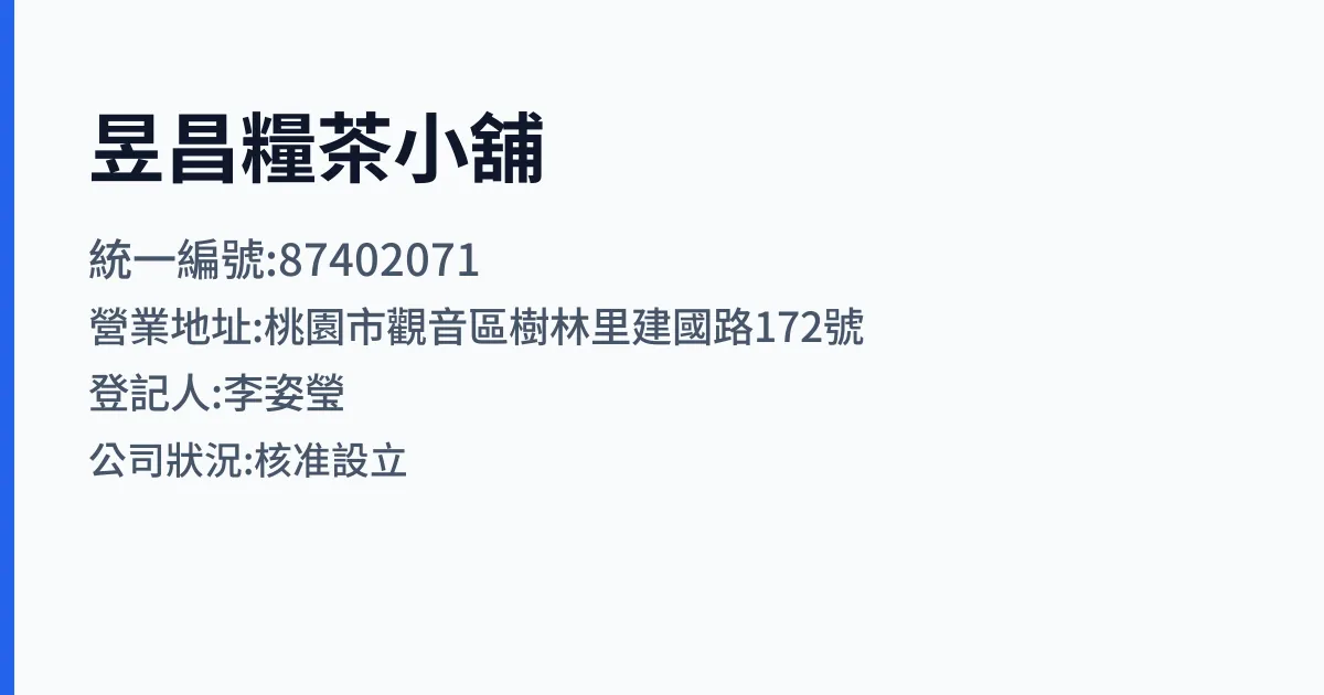 昱昌糧茶小舖 - 統編 87402071(桃園市) 公司登記資料與營業項目詳細圖表
