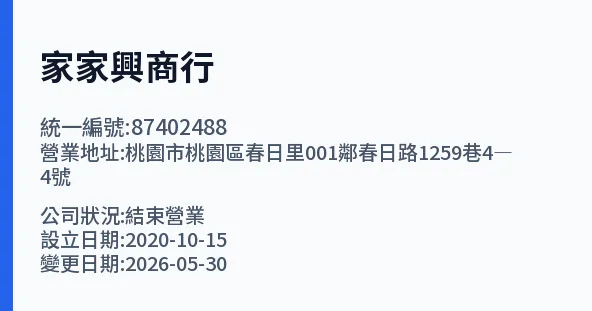 家家興商行的照片-統編 87402488(桃園市) 公司登記資料與營業項目詳細圖表