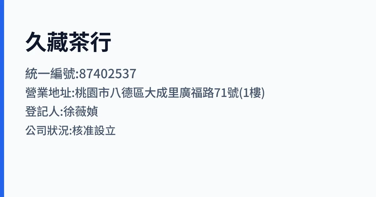 久藏茶行 - 統編 87402537(桃園市) 公司登記資料與營業項目詳細圖表