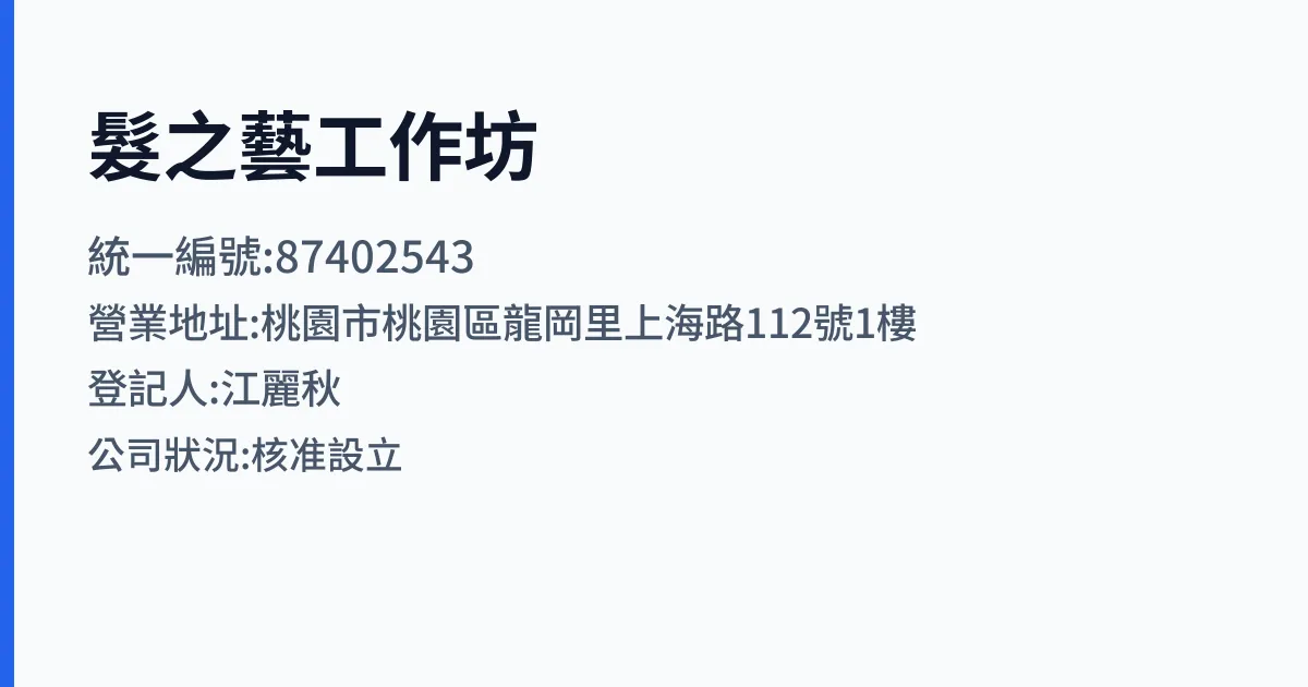 髮之藝工作坊 - 統編 87402543(桃園市) 公司登記資料與營業項目詳細圖表