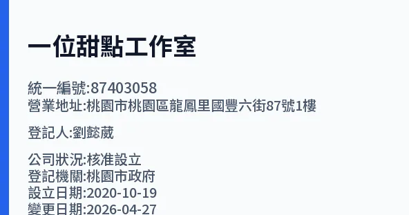 一位甜點工作室的照片-統編 87403058(桃園市) 公司登記資料與營業項目詳細圖表