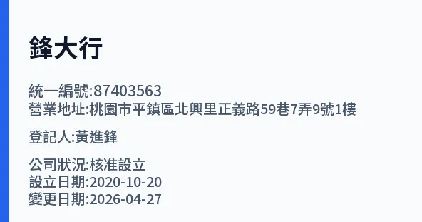 鋒大行的照片-統編 87403563(桃園市) 公司登記資料與營業項目詳細圖表