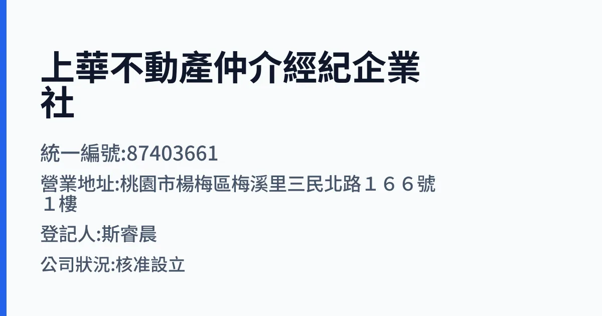 上華不動產仲介經紀企業社 - 統編 87403661(桃園市) 公司登記資料與營業項目詳細圖表