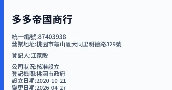 多多帝國商行的照片-統編 87403938(桃園市) 公司登記資料與營業項目詳細圖表