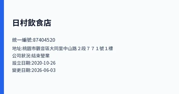 日村飲食店的照片-統編 87404520(桃園市) 公司登記資料與營業項目詳細圖表