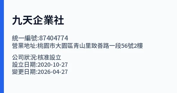 九天企業社的照片-統編 87404774(桃園市) 公司登記資料與營業項目詳細圖表