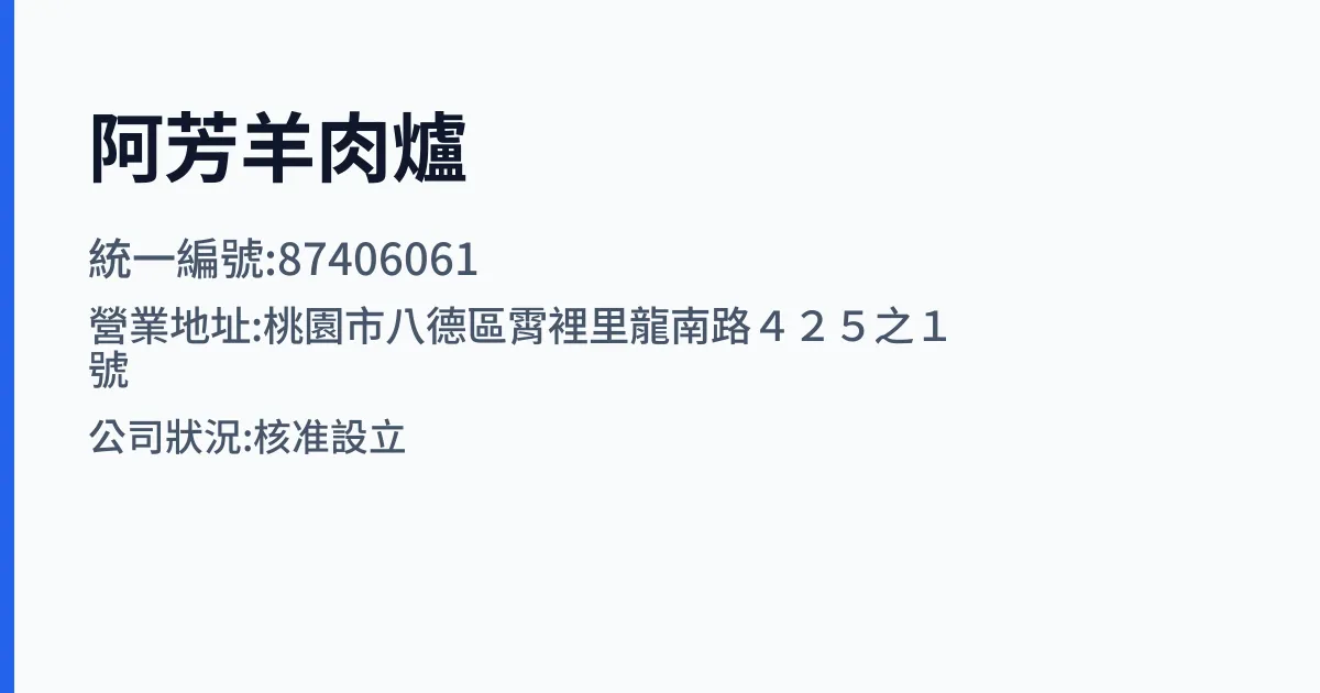 阿芳羊肉爐 - 統編 87406061(桃園市) 公司登記資料與營業項目詳細圖表