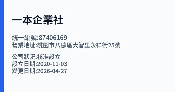 一本企業社的照片-統編 87406169(桃園市) 公司登記資料與營業項目詳細圖表
