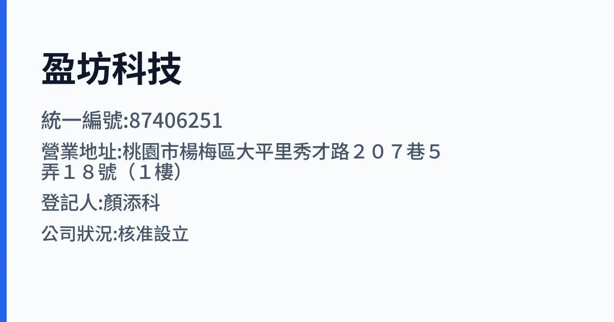 盈坊科技 - 統編 87406251(桃園市) 公司登記資料與營業項目詳細圖表