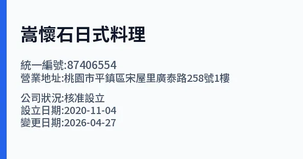 嵩懷石日式料理的照片-統編 87406554(桃園市) 公司登記資料與營業項目詳細圖表