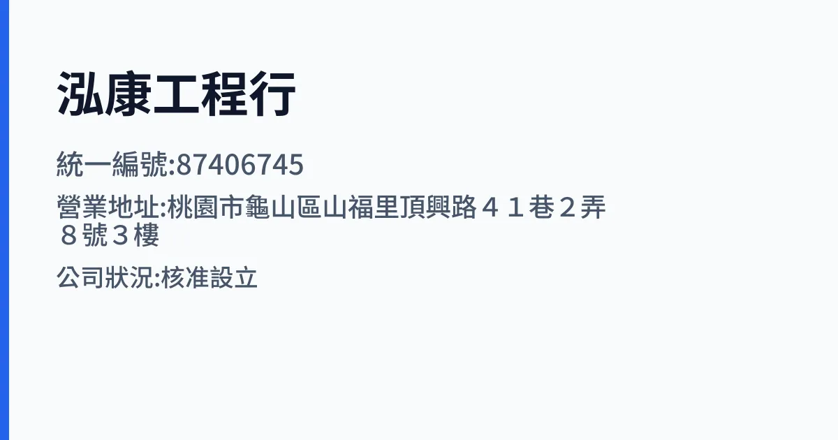 泓康工程行 - 統編 87406745(桃園市) 公司登記資料與營業項目詳細圖表
