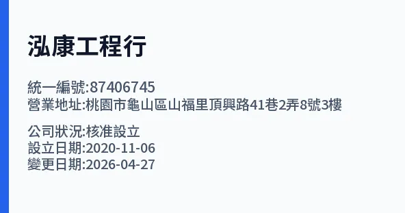 泓康工程行的照片-統編 87406745(桃園市) 公司登記資料與營業項目詳細圖表