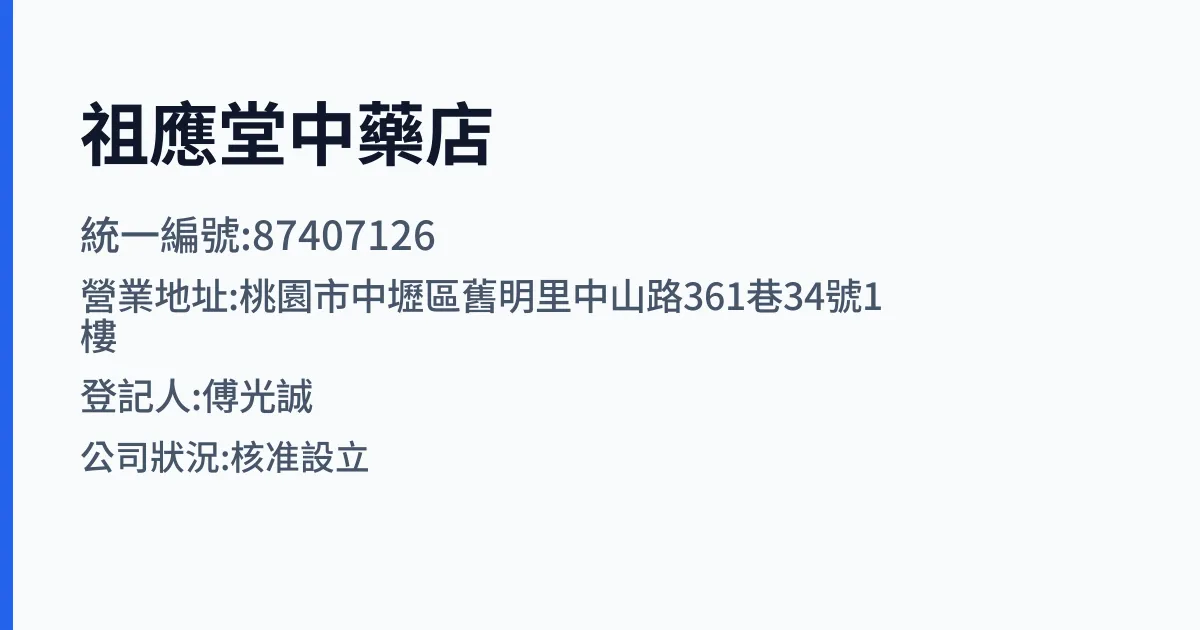 祖應堂中藥店 - 統編 87407126(桃園市) 公司登記資料與營業項目詳細圖表