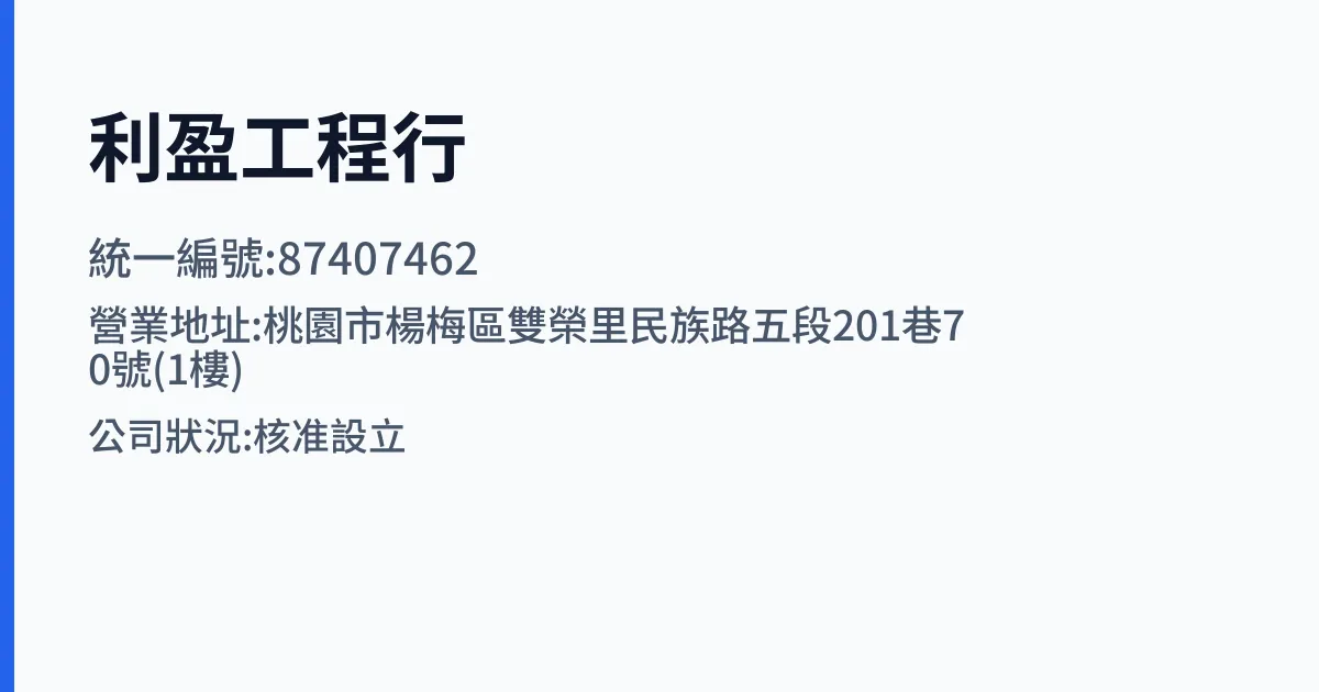 利盈工程行 - 統編 87407462(桃園市) 公司登記資料與營業項目詳細圖表