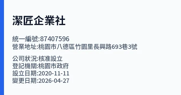 潔匠企業社的照片-統編 87407596(桃園市) 公司登記資料與營業項目詳細圖表