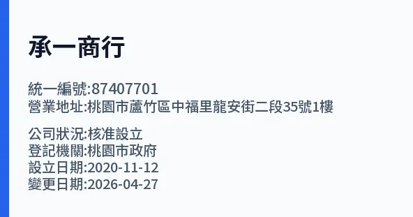承一商行的照片-統編 87407701(桃園市) 公司登記資料與營業項目詳細圖表