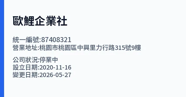 歐鯉企業社的照片-統編 87408321(桃園市) 公司登記資料與營業項目詳細圖表