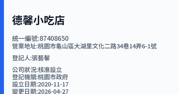 德馨小吃店的照片-統編 87408650(桃園市) 公司登記資料與營業項目詳細圖表