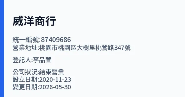 威洋商行的照片-統編 87409686(桃園市) 公司登記資料與營業項目詳細圖表