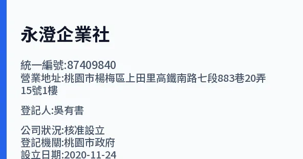 永澄企業社的照片-統編 87409840(桃園市) 公司登記資料與營業項目詳細圖表
