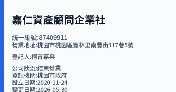 嘉仁資產顧問企業社的照片-統編 87409911(桃園市) 公司登記資料與營業項目詳細圖表