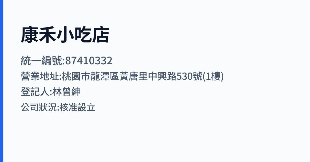 康禾小吃店 - 統編 87410332(桃園市) 公司登記資料與營業項目詳細圖表