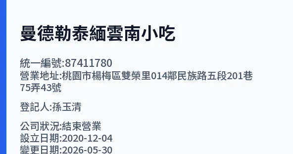 曼德勒泰緬雲南小吃的照片-統編 87411780(桃園市) 公司登記資料與營業項目詳細圖表