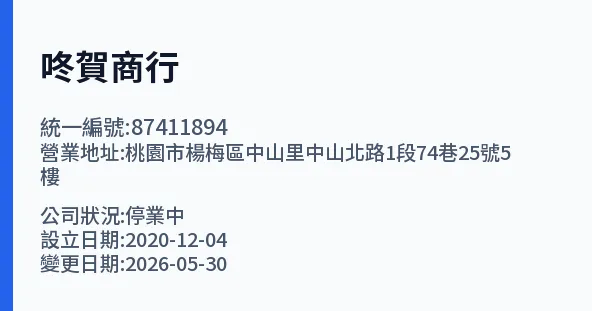 咚賀商行的照片-統編 87411894(桃園市) 公司登記資料與營業項目詳細圖表
