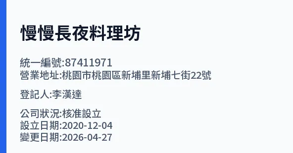 慢慢長夜料理坊的照片-統編 87411971(桃園市) 公司登記資料與營業項目詳細圖表