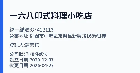 一六八印式料理小吃店的照片-統編 87412113(桃園市) 公司登記資料與營業項目詳細圖表