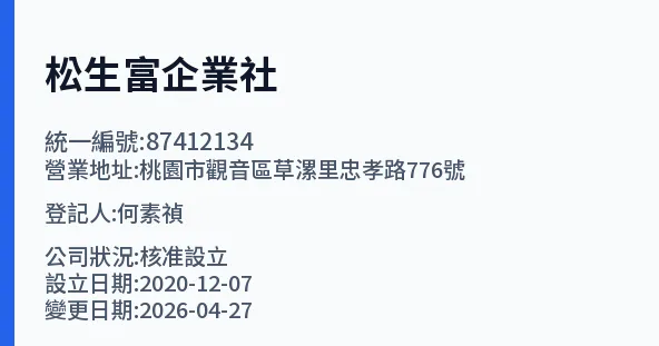 松生富企業社的照片-統編 87412134(桃園市) 公司登記資料與營業項目詳細圖表