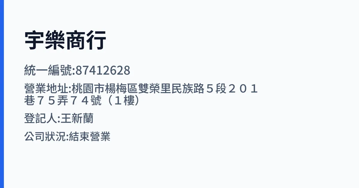 宇樂商行 - 統編 87412628(桃園市) 公司登記資料與營業項目詳細圖表