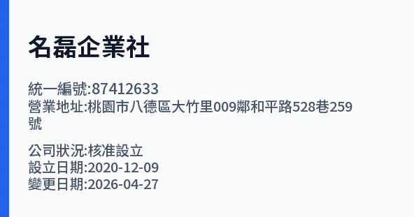 名磊企業社的照片-統編 87412633(桃園市) 公司登記資料與營業項目詳細圖表