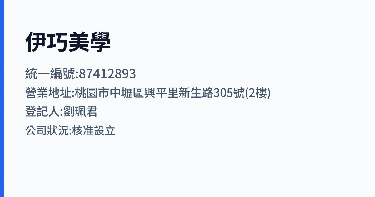 伊巧美學 - 統編 87412893(桃園市) 公司登記資料與營業項目詳細圖表