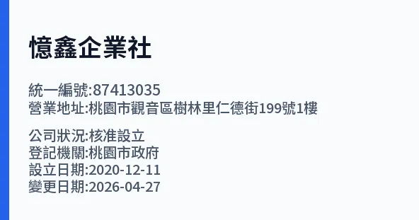 憶鑫企業社的照片-統編 87413035(桃園市) 公司登記資料與營業項目詳細圖表