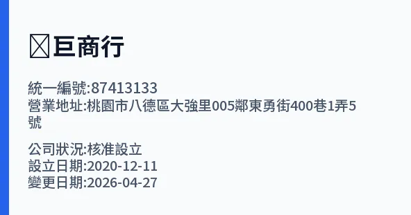 靌巨商行的照片-統編 87413133(桃園市) 公司登記資料與營業項目詳細圖表