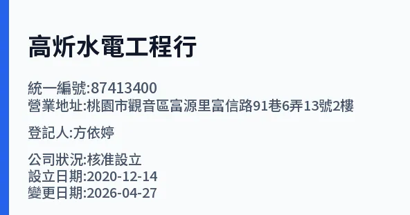 高炘水電工程行的照片-統編 87413400(桃園市) 公司登記資料與營業項目詳細圖表