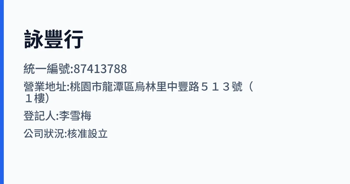 詠豐行 - 統編 87413788(桃園市) 公司登記資料與營業項目詳細圖表