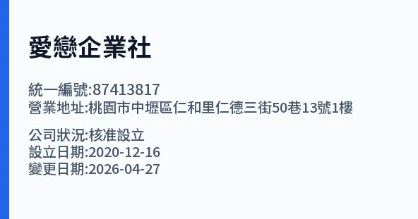愛戀企業社的照片-統編 87413817(桃園市) 公司登記資料與營業項目詳細圖表