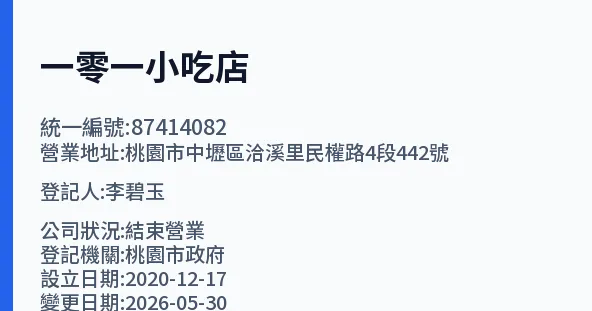 一零一小吃店的照片-統編 87414082(桃園市) 公司登記資料與營業項目詳細圖表